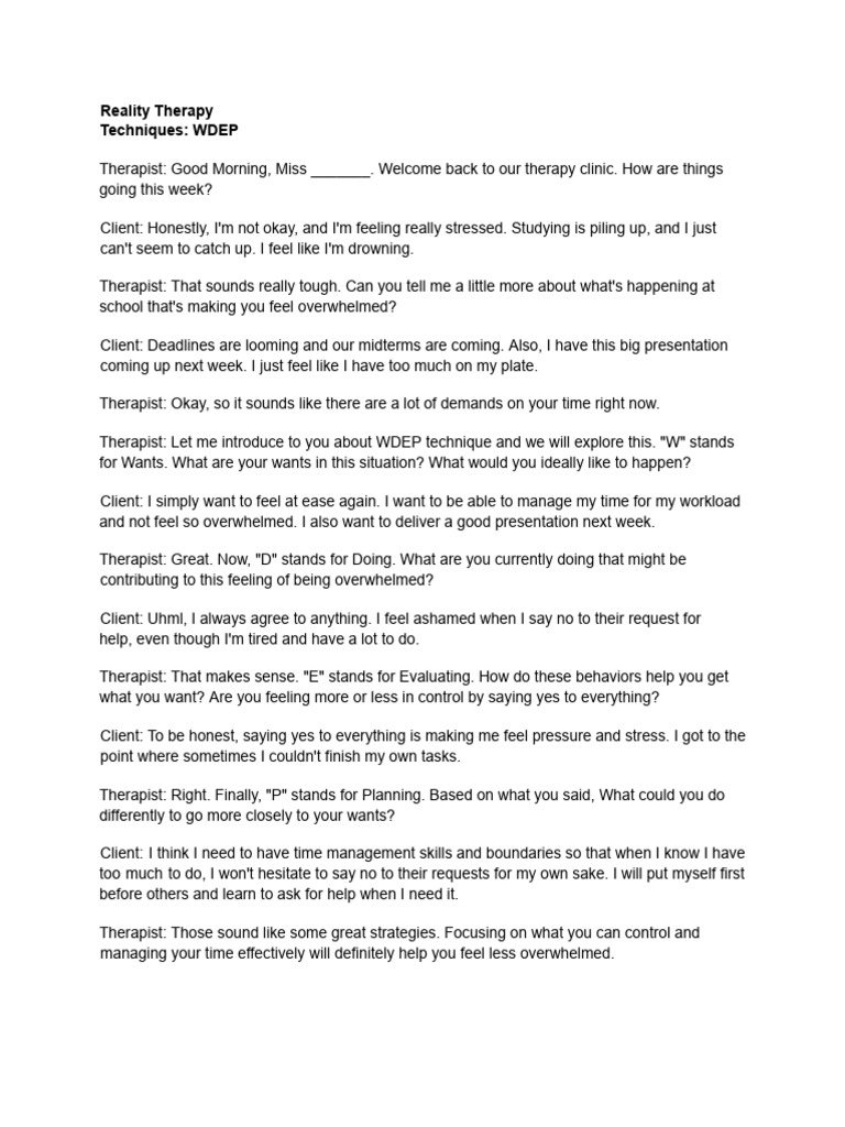 Reality Therapy Sample Script (Day 1) | PDF | Psychotherapy | Psychology