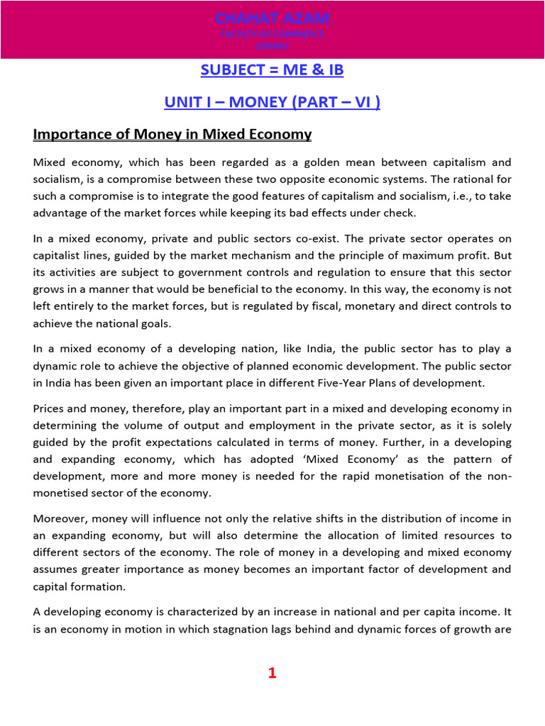 6) Importance of Money in Mixed Economy | PDF | Deficit Spending | Money