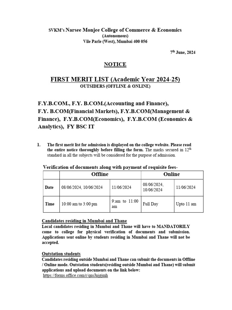 Fybaf Outsider First Merit List With Notice 2024-25 | PDF