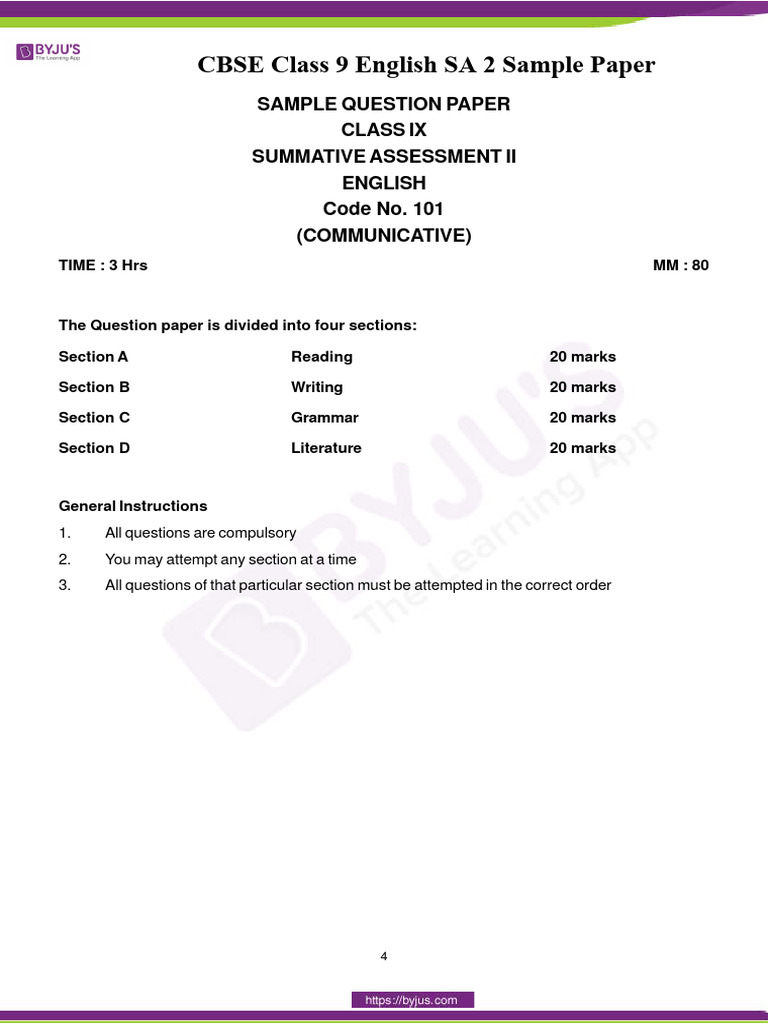 CBSE Class 9 English Sample Paper SA 2 Set 3 | PDF | Massage | Cryptanalysis