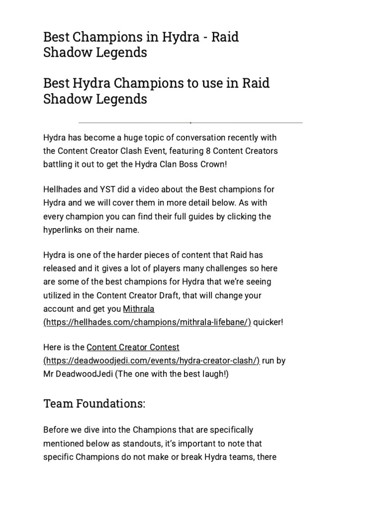 Best Champions in Hydra - Raid Shadow Legends | PDF