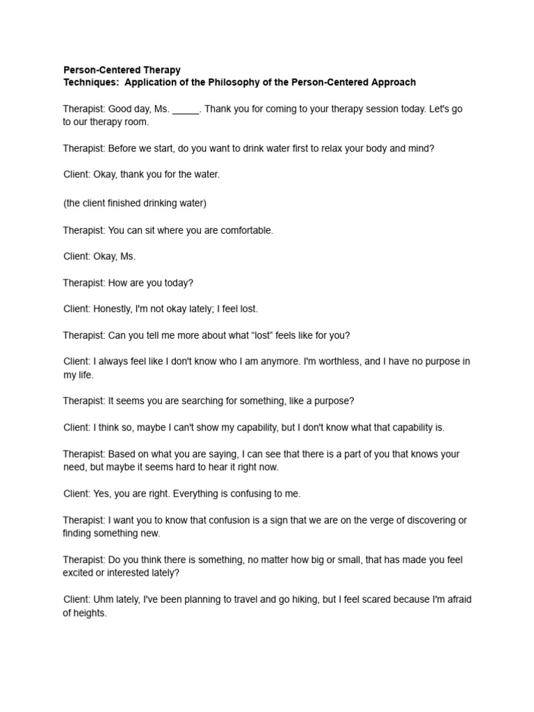 Person-Centered Therapy Sample Script (Day 1) | PDF