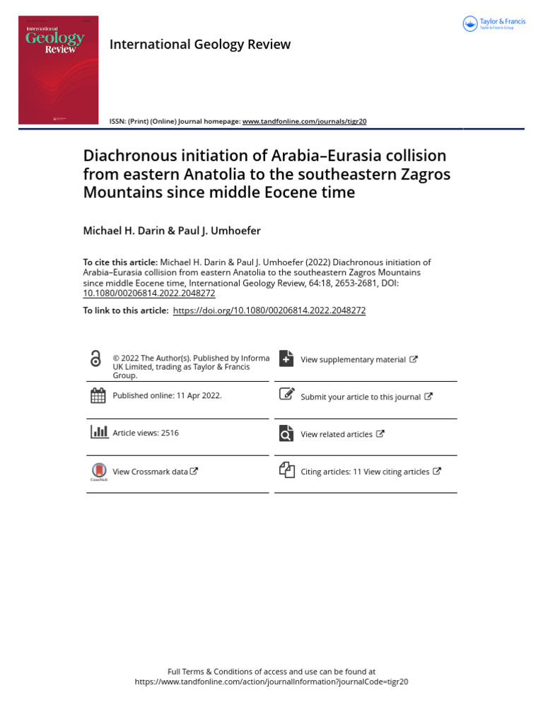 Diachronous Initiation of Arabia Eurasia Collision From Eastern ...