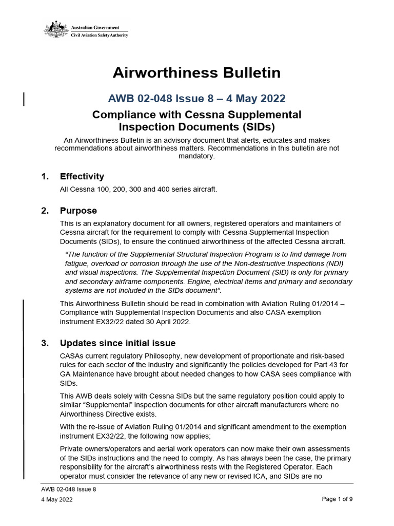 Airworthiness Bulletin 02 048 Compliance With Cessna Supplemental ...