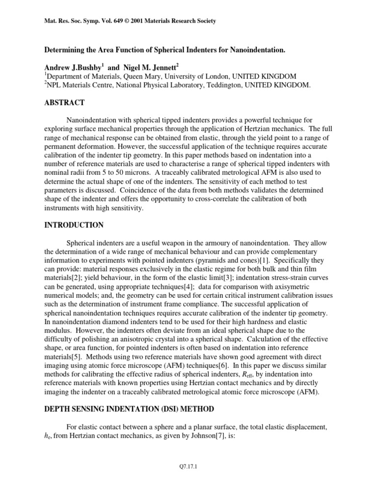Spherical Indenter Area Function in Nanoindentation | PDF | Applied And ...