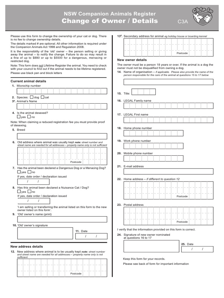Change of Owner Details C3A Form | PDF