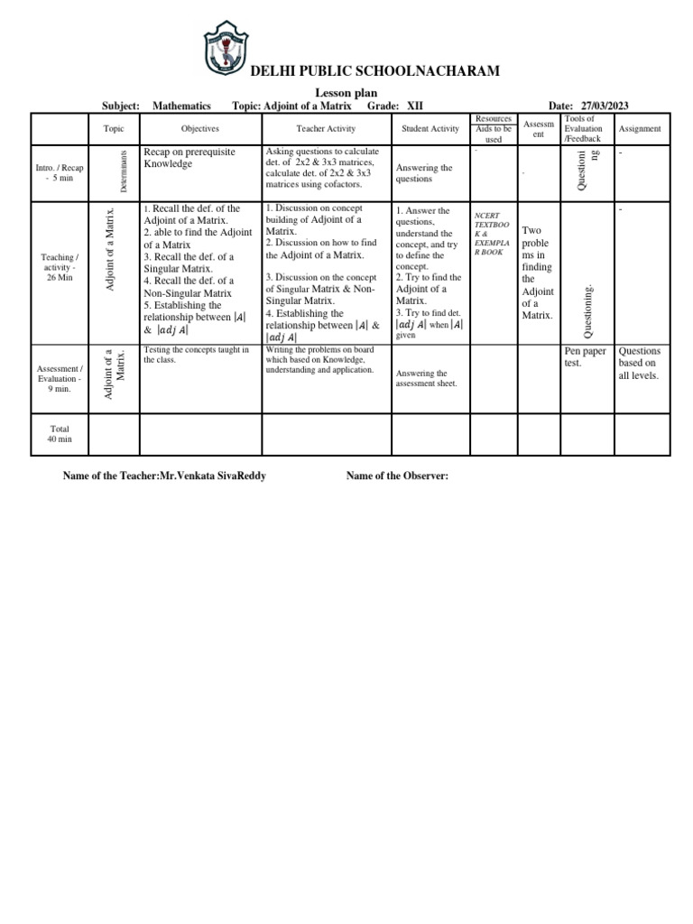 Lesson Plan Adjoint of Matrices | Download Free PDF | Matrix ...