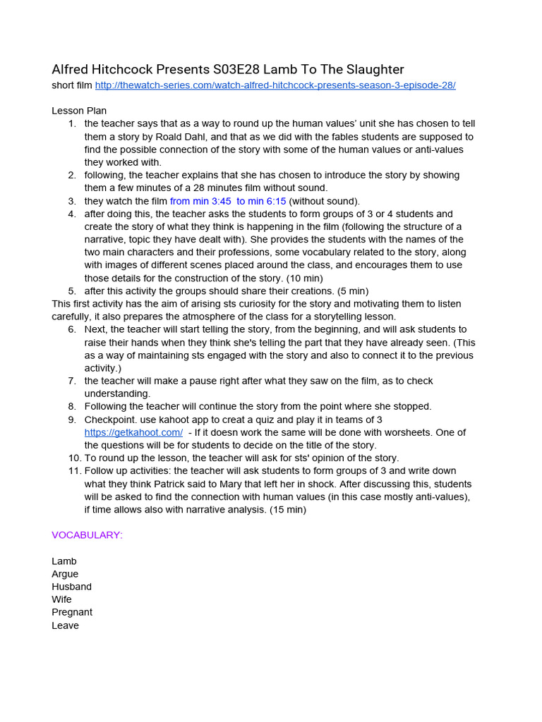 Lamb to the Slaughter Lesson Plan | PDF