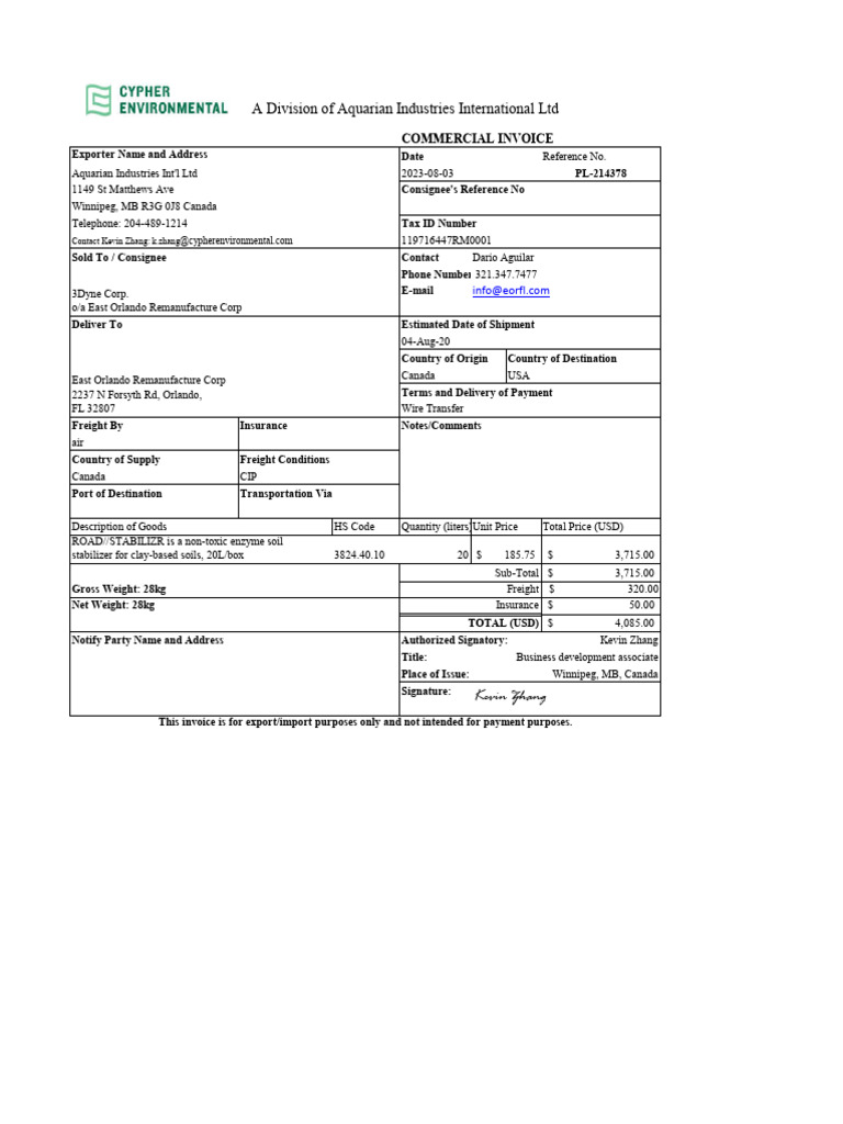 Commercial Invoice 20230803 | PDF | Cargo