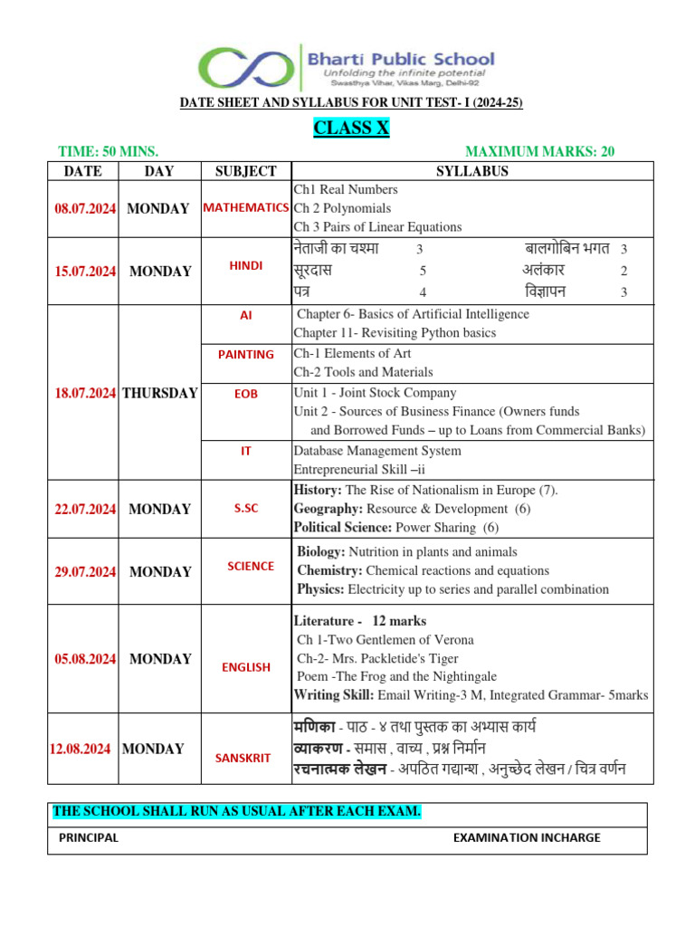 Class X Unit Test I Date Sheet 2024-25 | PDF