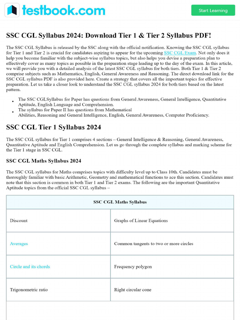 SSC CGL Syllabus 2024 - Download Tier 1 & Tier 2 Syllabus PDF! | PDF