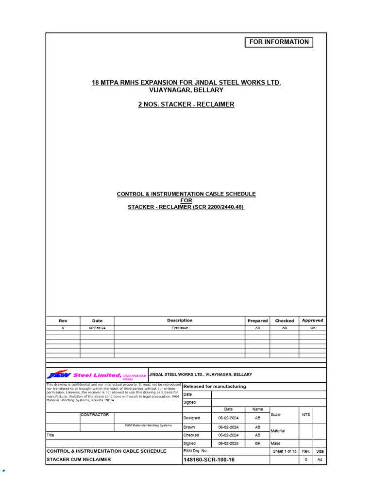 148160-SCR-100-16-R0-Control Cable Schedule - Edited | PDF