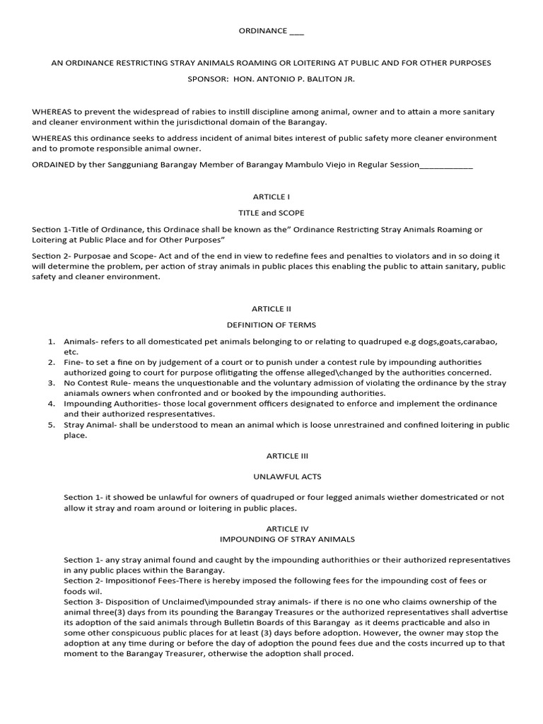Stray Animals Ordinance Abl | PDF | Local Ordinance | Justice
