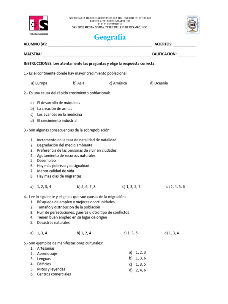 Examen de Geografia Tercer Trimestre | PDF | México | Agricultura