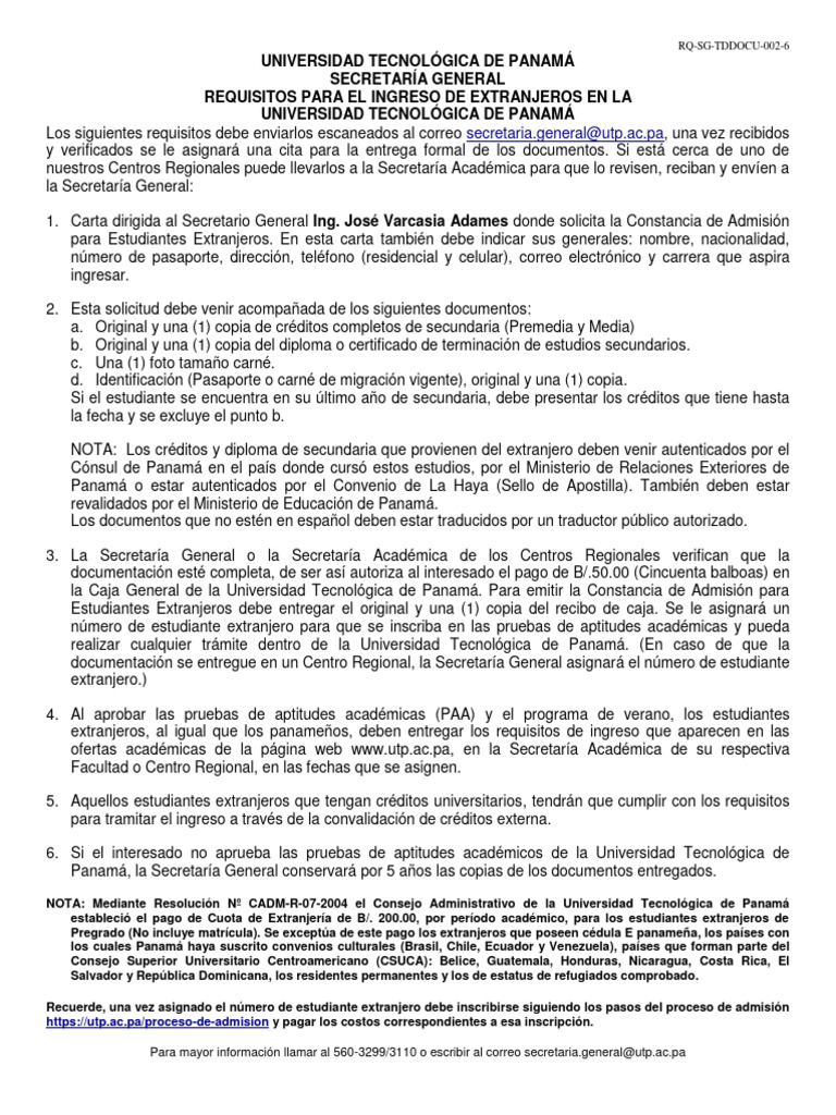 Utp Req Ingreso Extranjero2 6 1 | PDF | Negocios