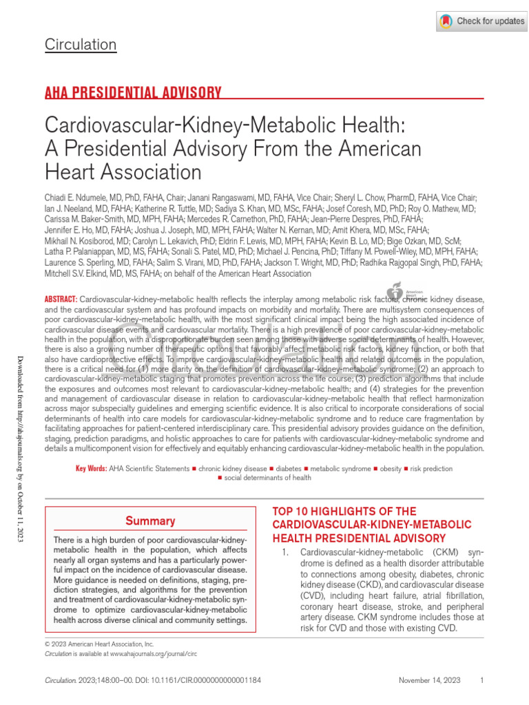 Cardiovascular Kidney Metabolic Health A Presidential Advisory From The ...