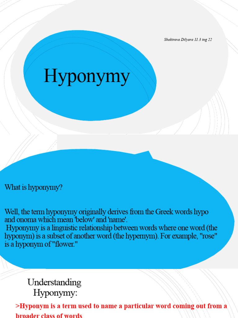 Hyponymy PPT, DILYORA Shokirova | PDF | Psycholinguistics | Semantics