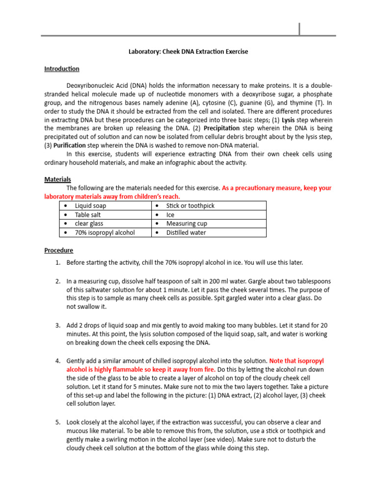 Cheek DNA Extraction Lab Guide | PDF | Dna | Biology