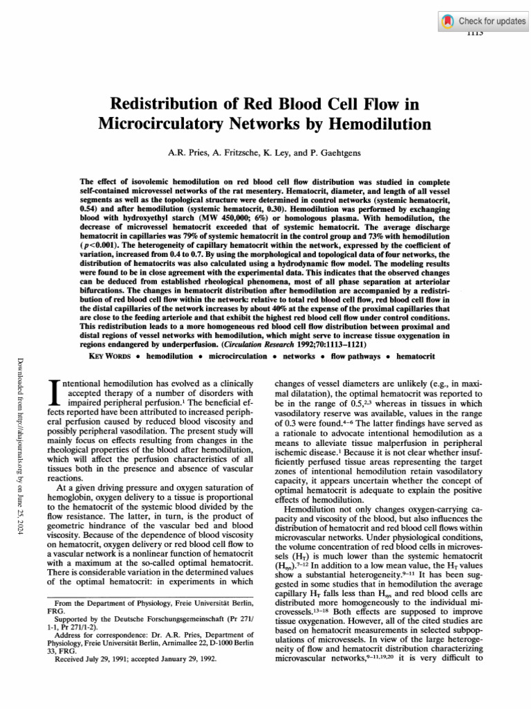 Pries Et Al 1992 Redistribution of Red Blood Cell Flow in ...