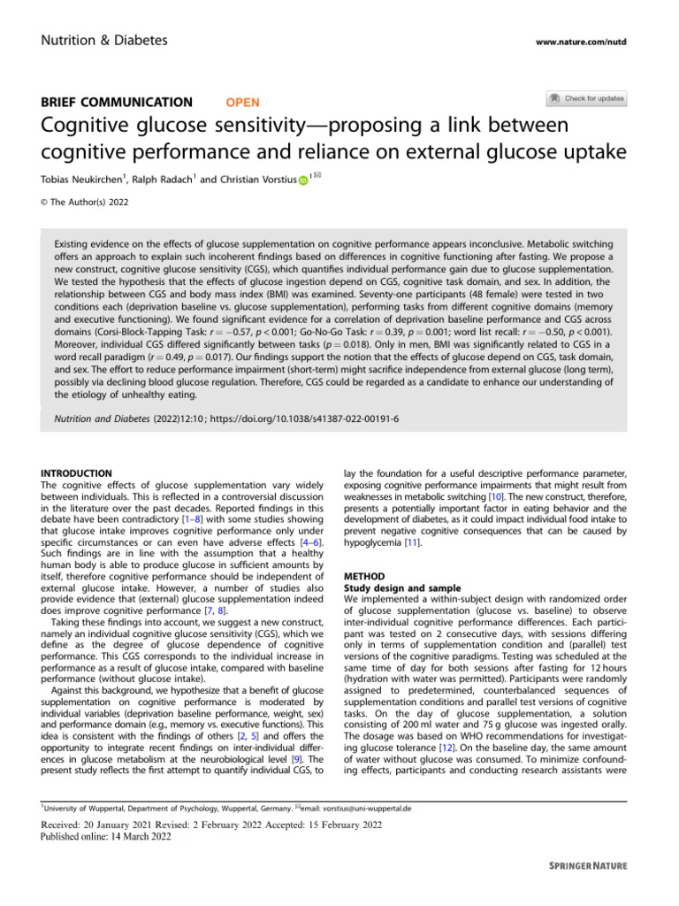 2022 - Cognitive Glucose Sensitivity-Proposing A Link Between Cognitive Performance | PDF ...