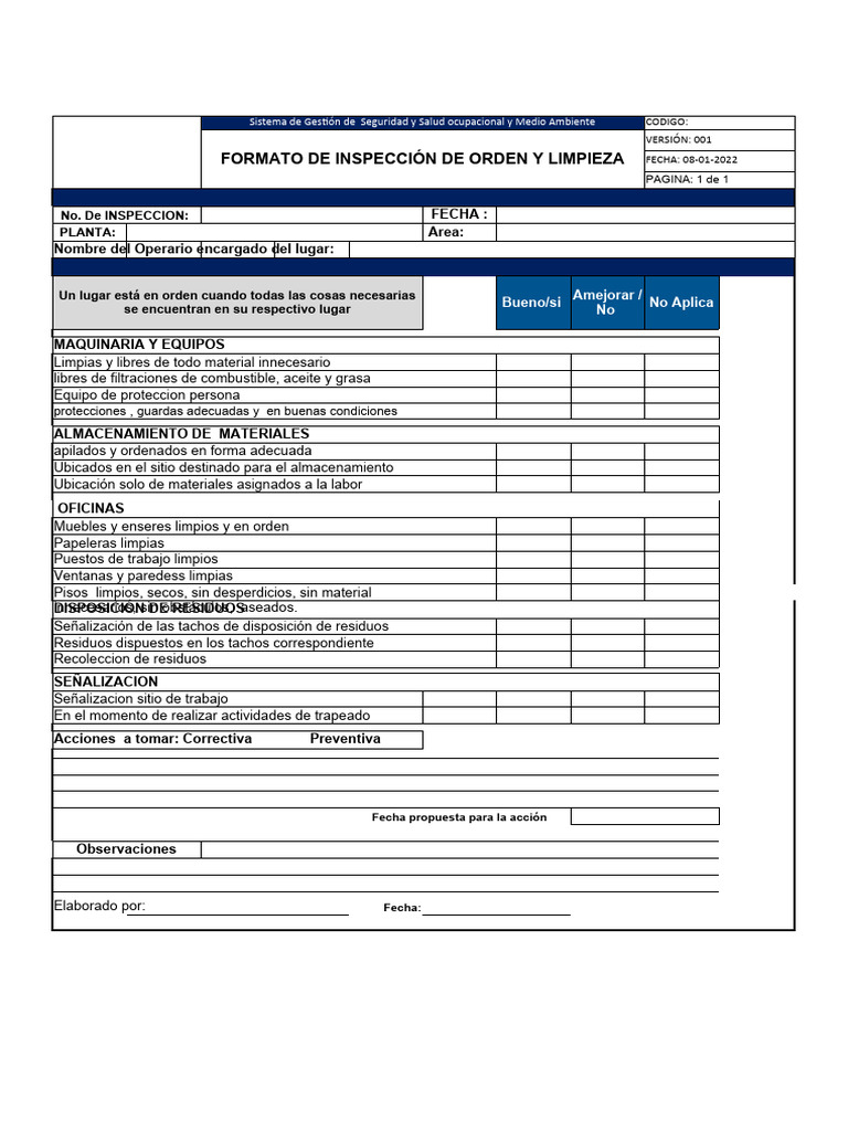 Inspeccion de Orden y Limpieza | PDF