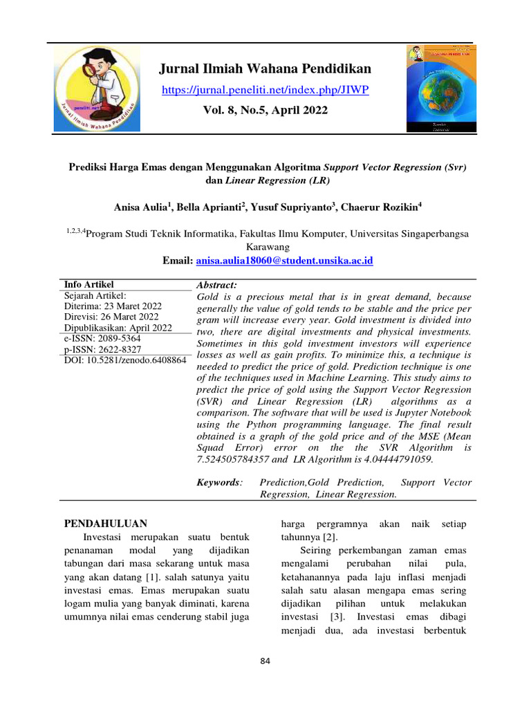 Prediksi Harga Emas Dengan Menggunakan Algoritma Support Vector Regression (SVR) Dan Linear ...