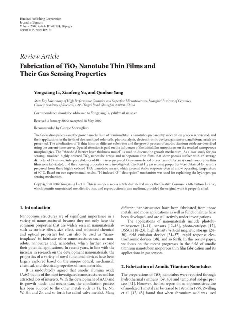2009-Fabrication of TiO2 Nanotube Thin Films and | PDF | Titanium Dioxide | Nanomaterials