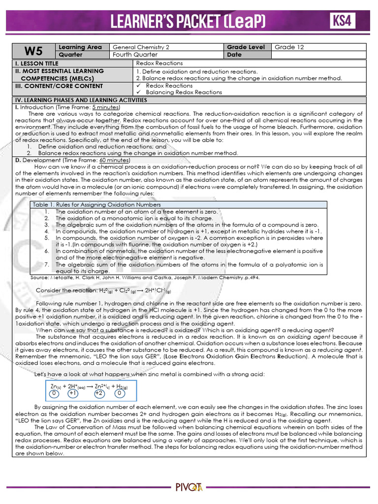 Q4-STEM-General-Chemistry-2-Week-5 (1) | PDF | Redox | Chemical Reactions