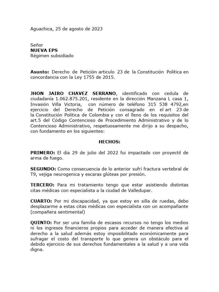 Derecho-De-Peticion Jhon Chavez | PDF | Medicina CLINICA | Cuidado de la salud