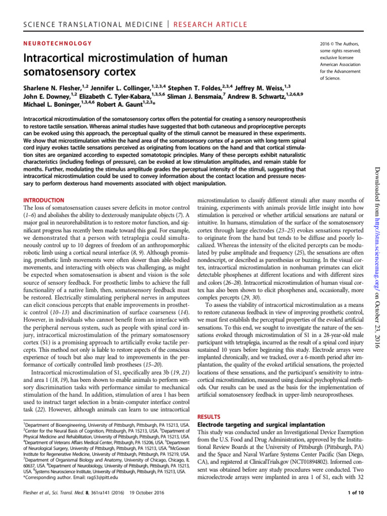 Flesher Et Al - 2016 - Intracortical Microstimulation of Human Somatosensory Cortex | PDF ...