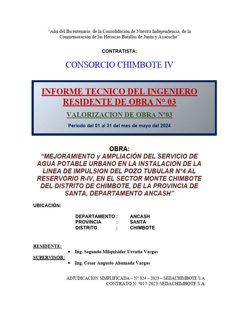 Informe Del Residente Valo 03 - Consorcio Chimbote Iv | PDF | Hormigón | Construyendo tecnología