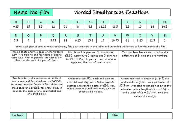 Worded Simultaneous Equations Name The Film | PDF