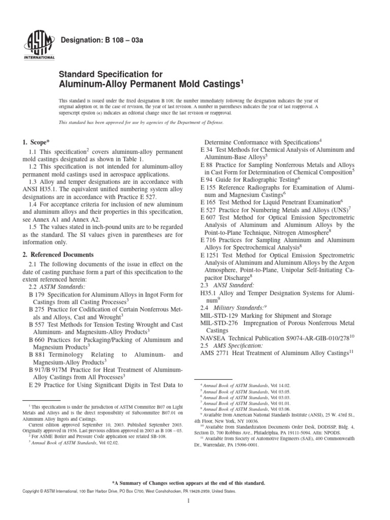 ASTM B108 03 Standard Specification For Aluminum Alloy Permanent Mold ...