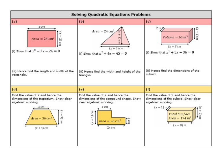 Solving Quadratic Equations in Context Practice Grid | PDF | Teaching Methods & Materials