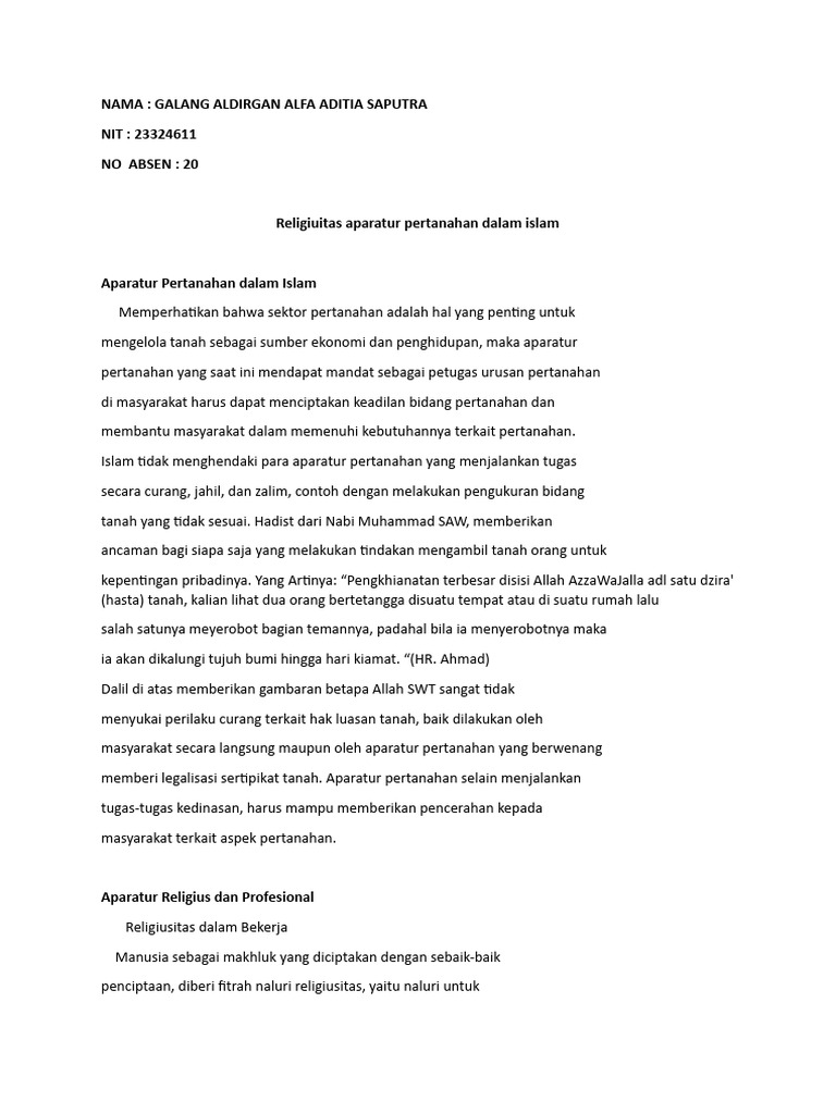 Religiusitas Aparatur Pertanahan Islam | PDF