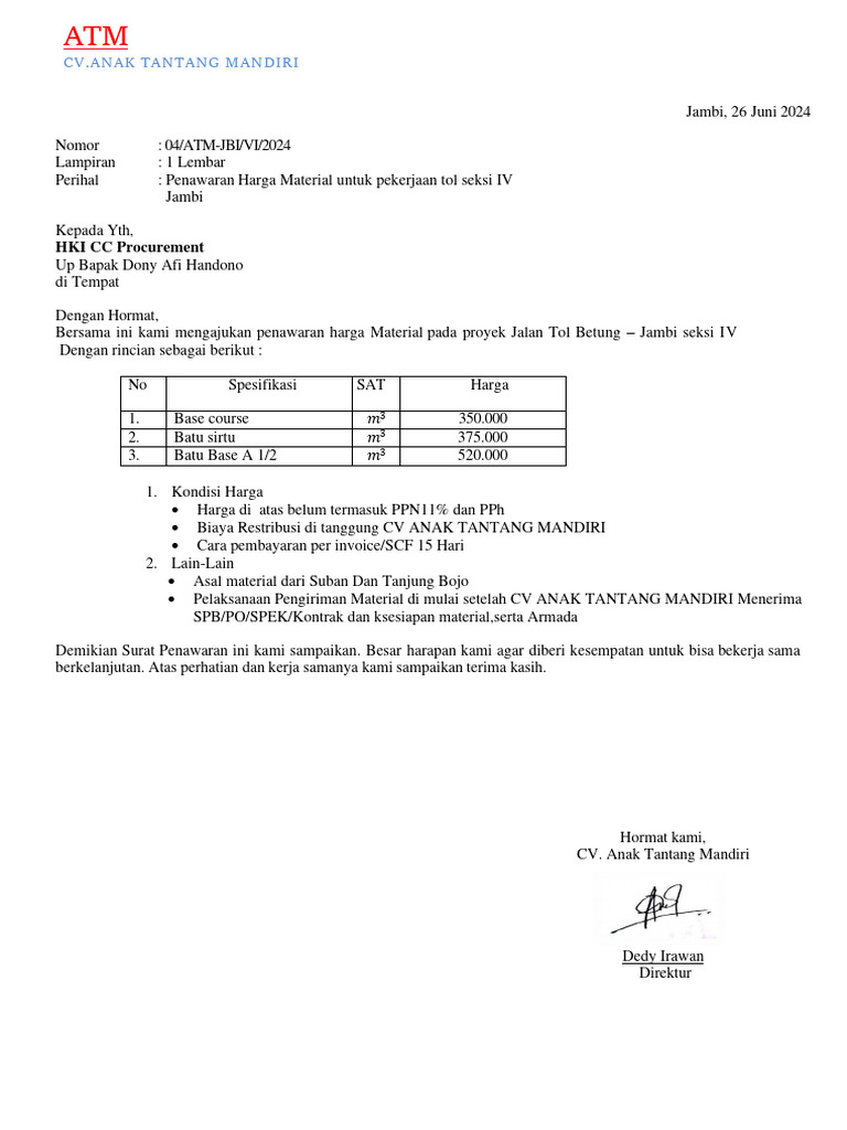 Surat Penawaran Material CV ATM | PDF