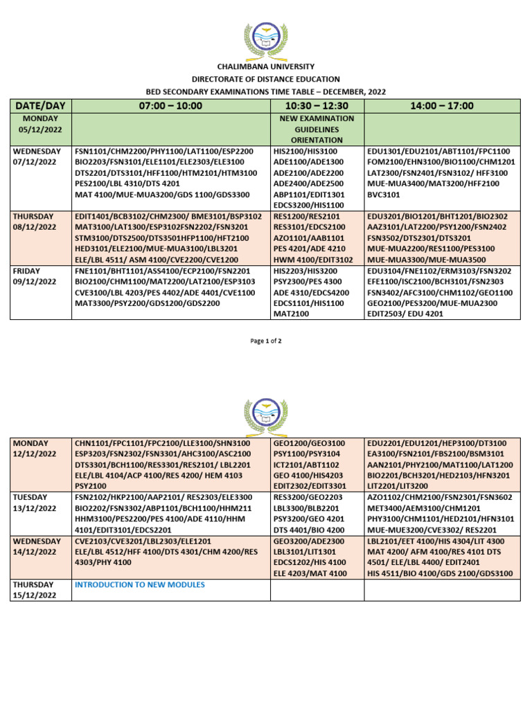 BED SEC EXAM TIMETABLE - DEC 2022 | PDF