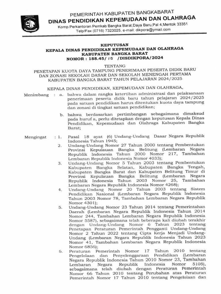 SK Daya Tampung Dan Zonasi PPDB 24 | PDF