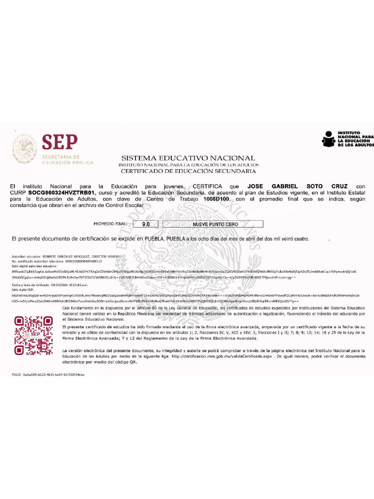 Certi Secundaria - Socg860324hvztrb01 | PDF
