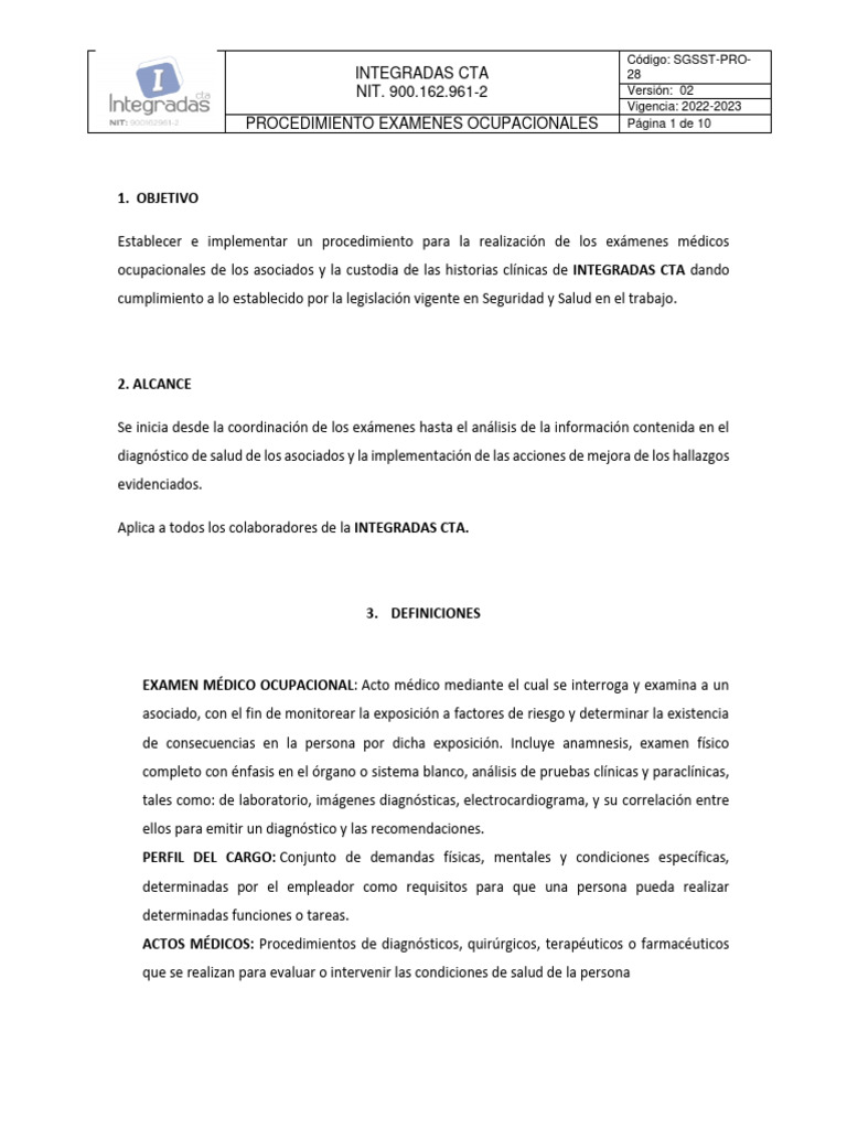 SG - Sst-Pro-28 Procedimiento de Emo | PDF | Historial médico | Evaluación
