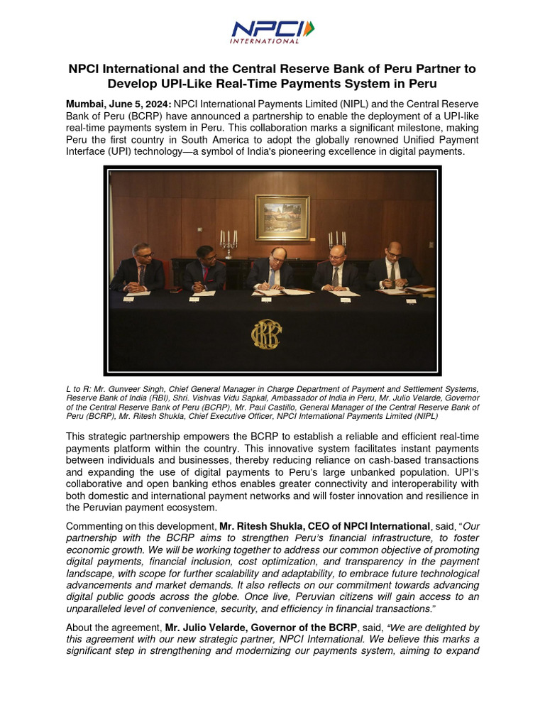 NIPL Press Release NPCI International and The Central Reserve Bank of Peru Partner To Develop ...
