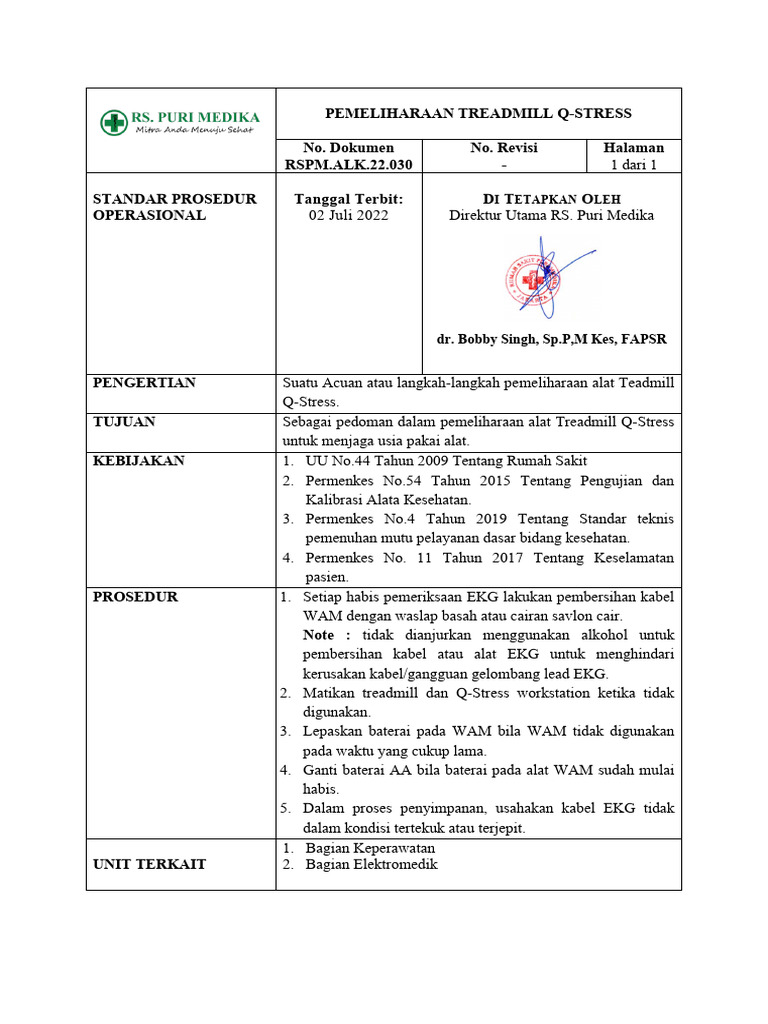 Spo Pemeliharaan Treadmill Q-Stress 30 | PDF