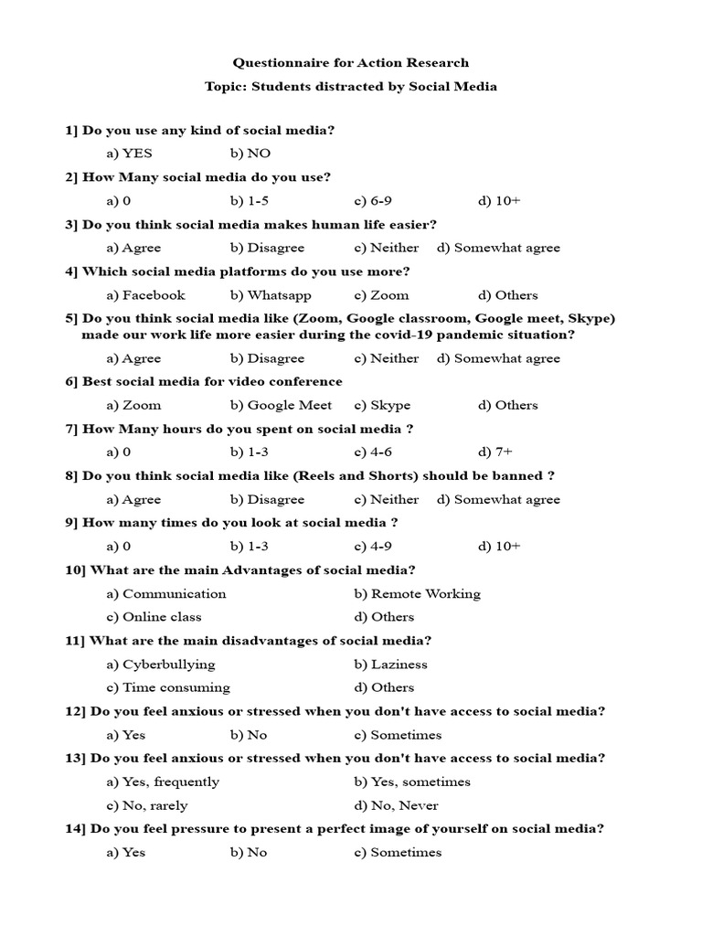 Questionnaire for Action Research | PDF | Social Media | Popular ...