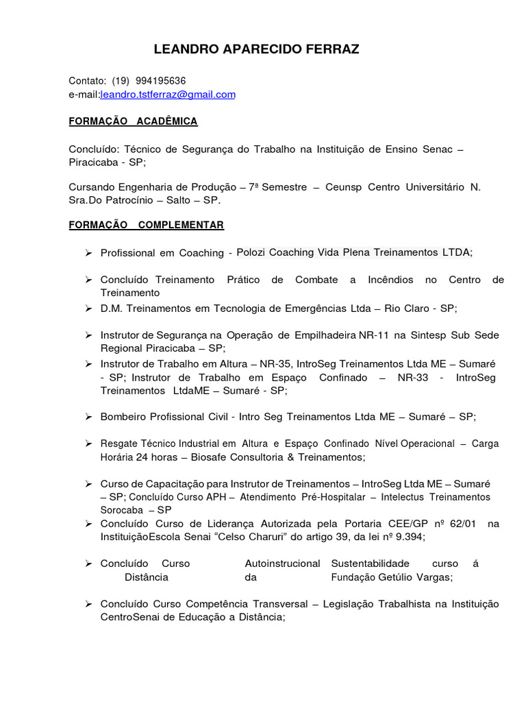 Curriculo LEANDRO LF.... | PDF | Business