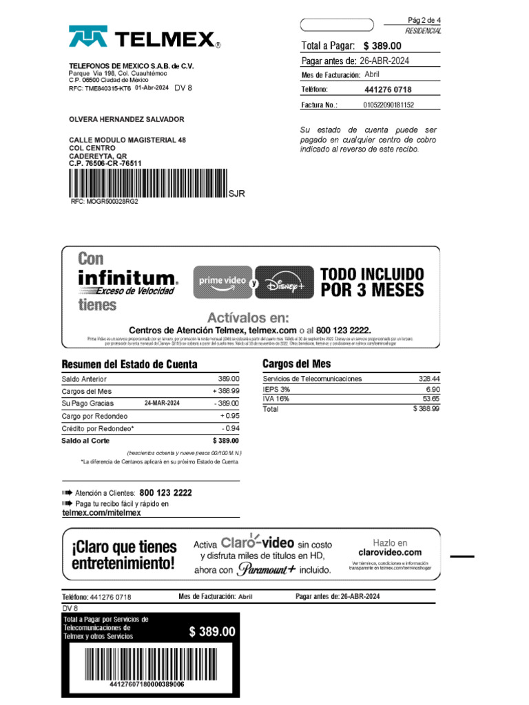 Recibo Telefono Abril 2024 | PDF