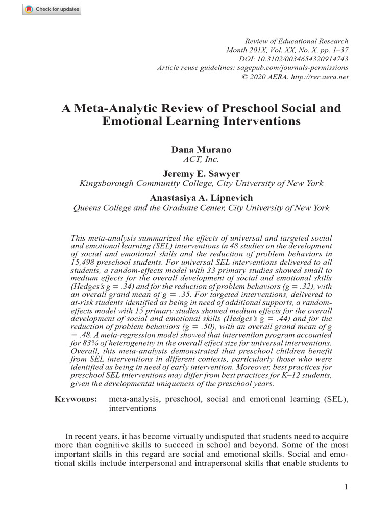Meta-Analysis of Preschool SEL Interventions | PDF | Effect Size | Meta ...