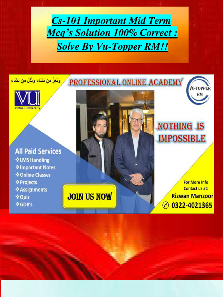 CS101 Mcqs MidTerm by Vu Topper RM | PDF | Computer Data Storage | Computer Program