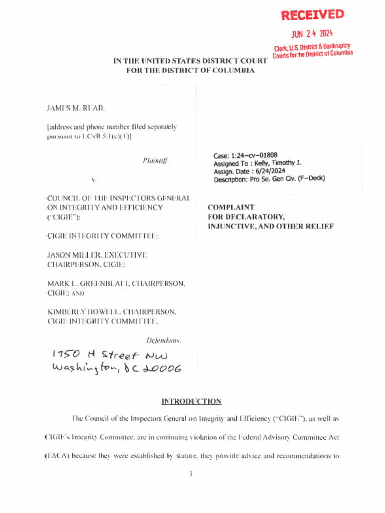 James M Read V CIGIE Et Al 20240624 | PDF