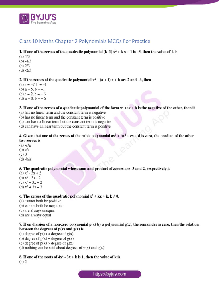 Class-10-Maths-Chapter-2-Polynomials-MCQs-For-Practice | PDF