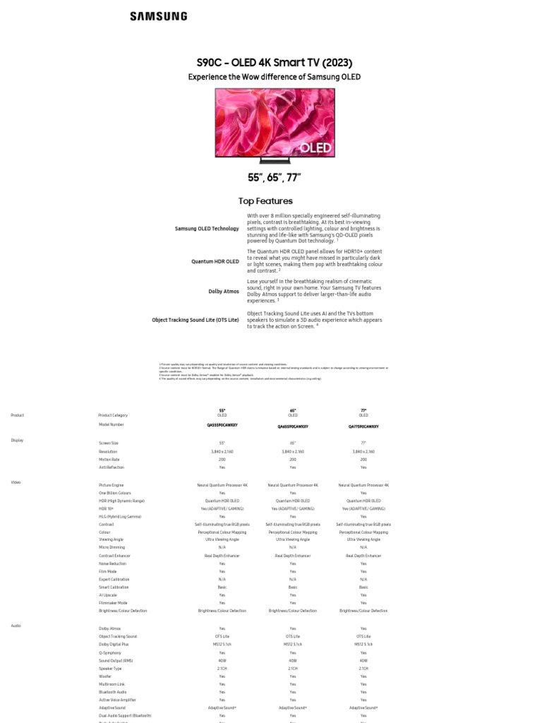 S90C Product Spec Sheet | PDF | Hdmi | Oled